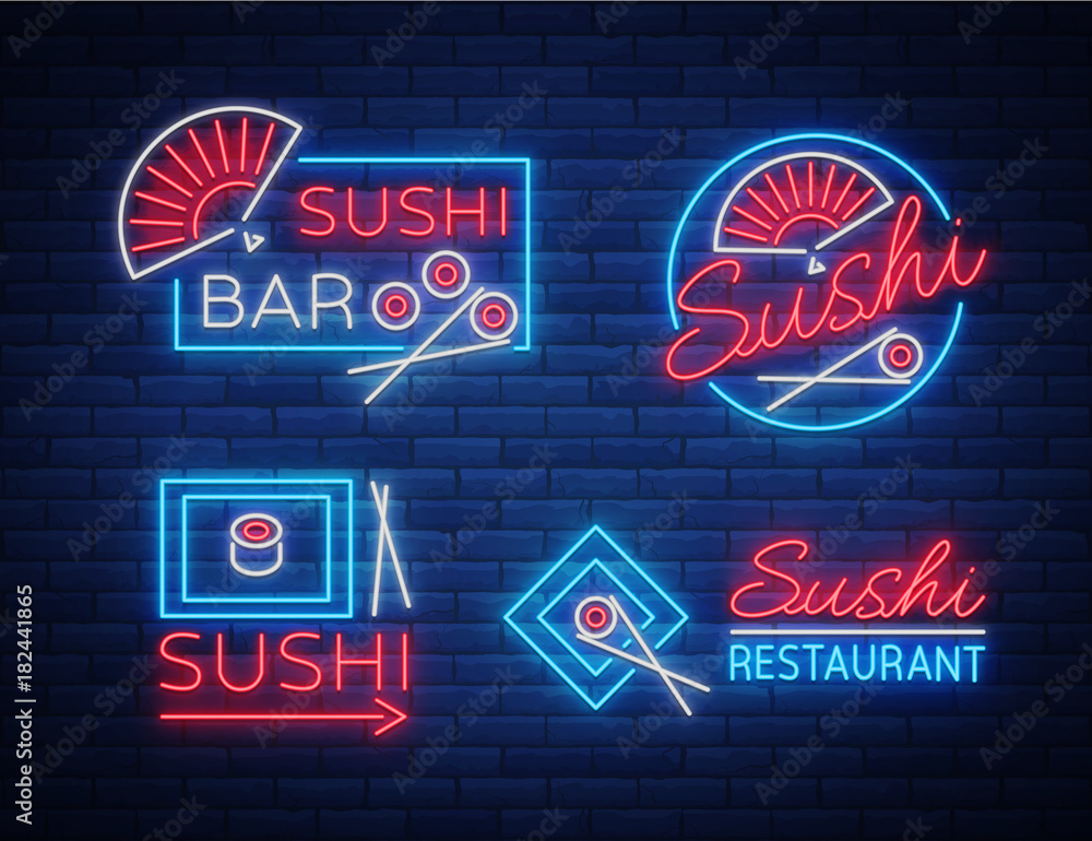 Set of logos, signs in neon style on sushi, Japanese food, seafood. A ...