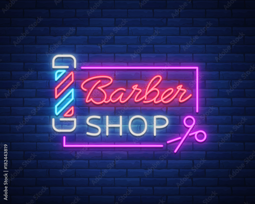Barber shop logo neon sign, logo design elements. Can be used as a ...