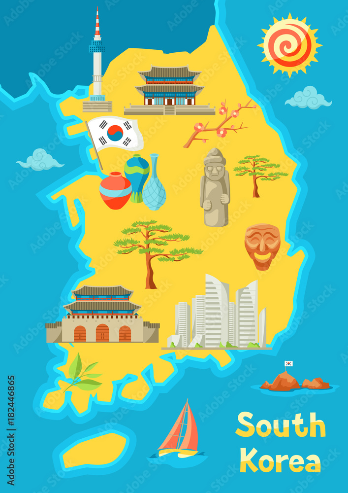 South Korea map design. Korean traditional symbols and objects Stock ...