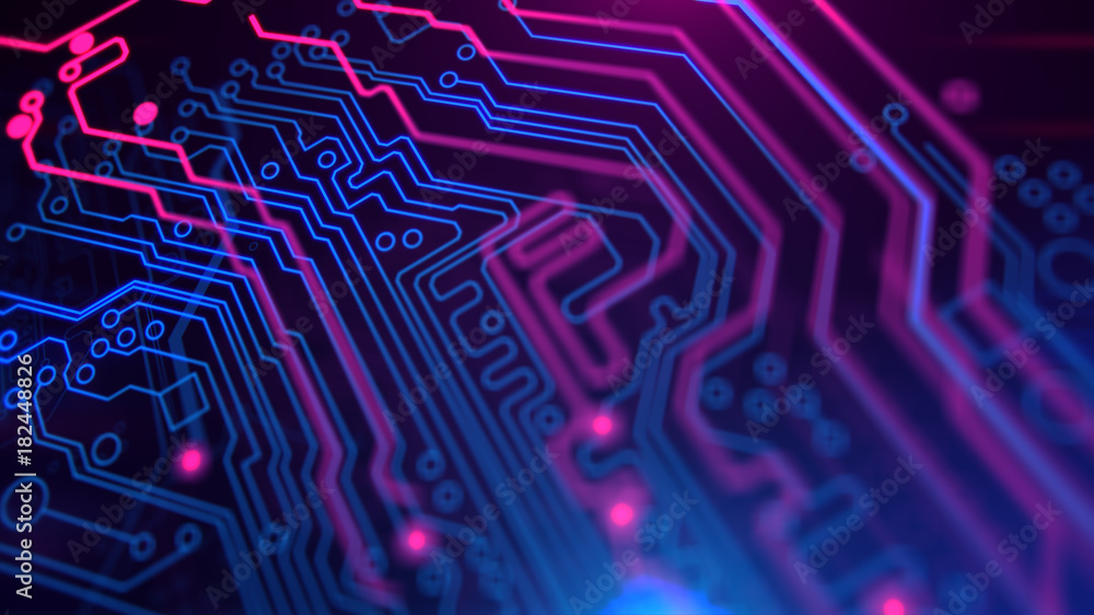 Purple, violet, blue neon background with digital integrated network ...