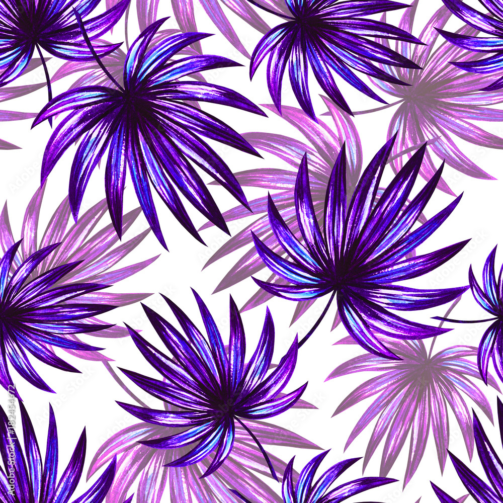 Tropical jungle pattern with purple palm tree leaves. Watercolor floral ...