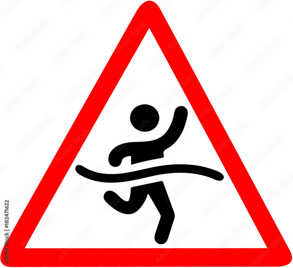 Running race man logo in triangular warning caution road map sign ...