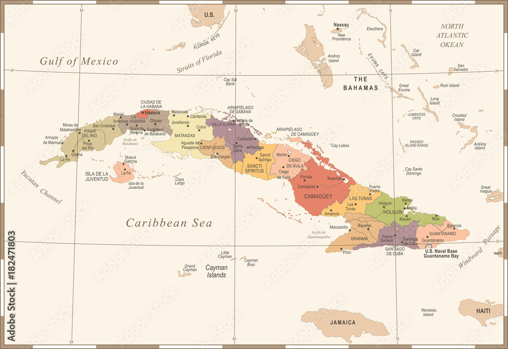 Cuba Map - Vintage Detailed Vector Illustration Stock Vector | Adobe Stock