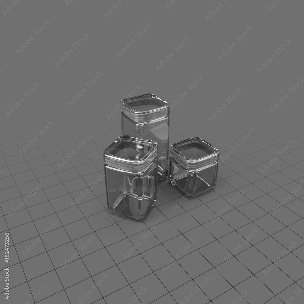 Three square glass kitchen jars Stock 3D asset | Adobe Stock