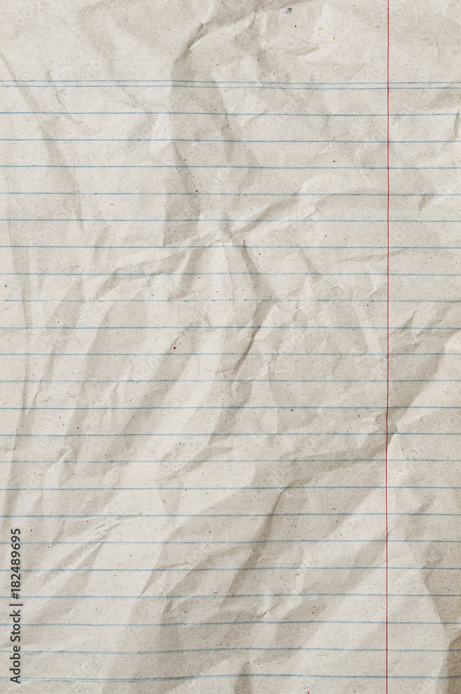 Rumpled vintage sheet of lined paper or notebook paper with right ...