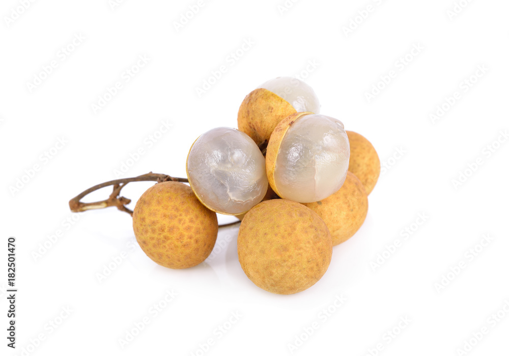 whole and peeled fresh Longan fruit with stem on white background Stock ...