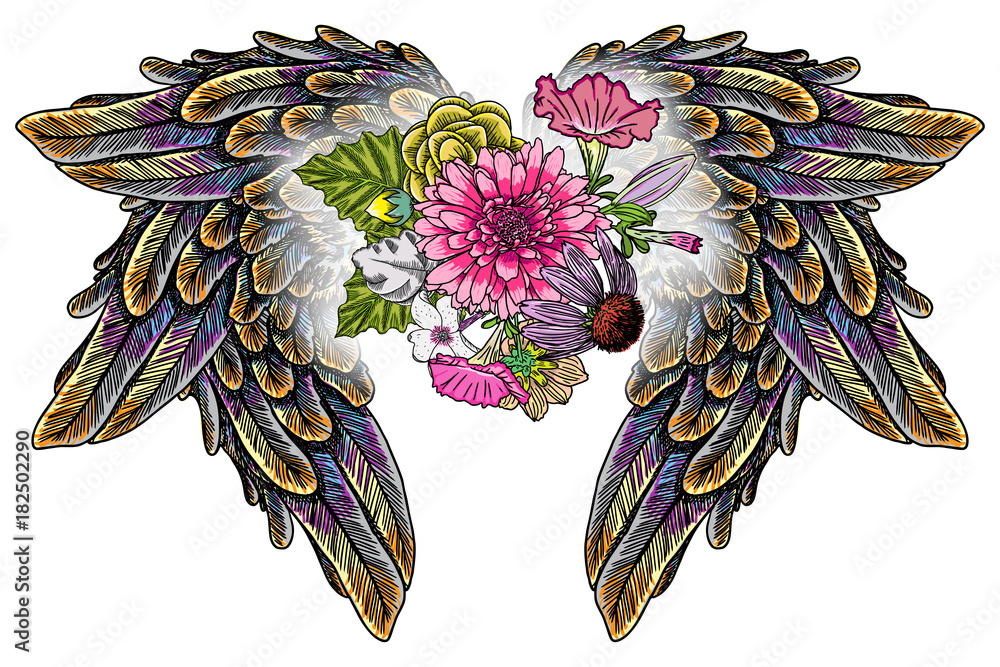 Ornate fashioned wings and elegant vintage flower bouquet, isolated ...