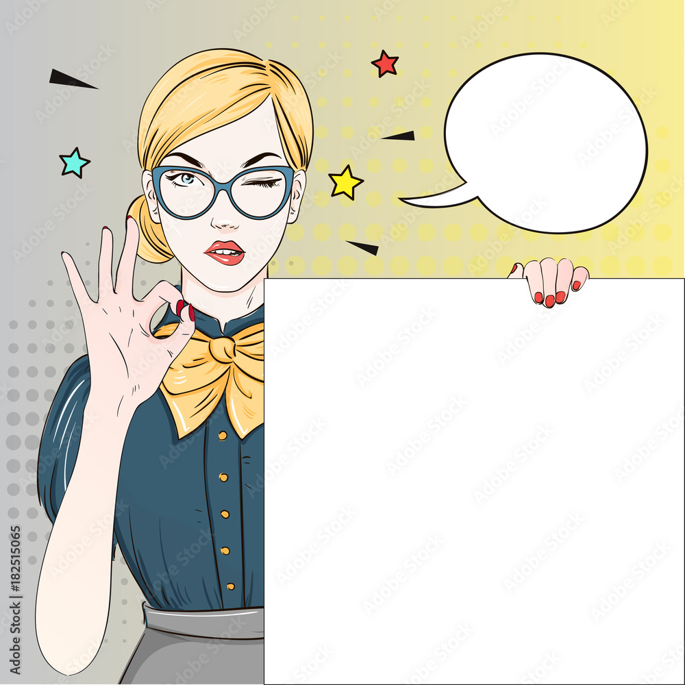 Pop Art Vintage advertising poster comic girl in pink blouse holds a ...