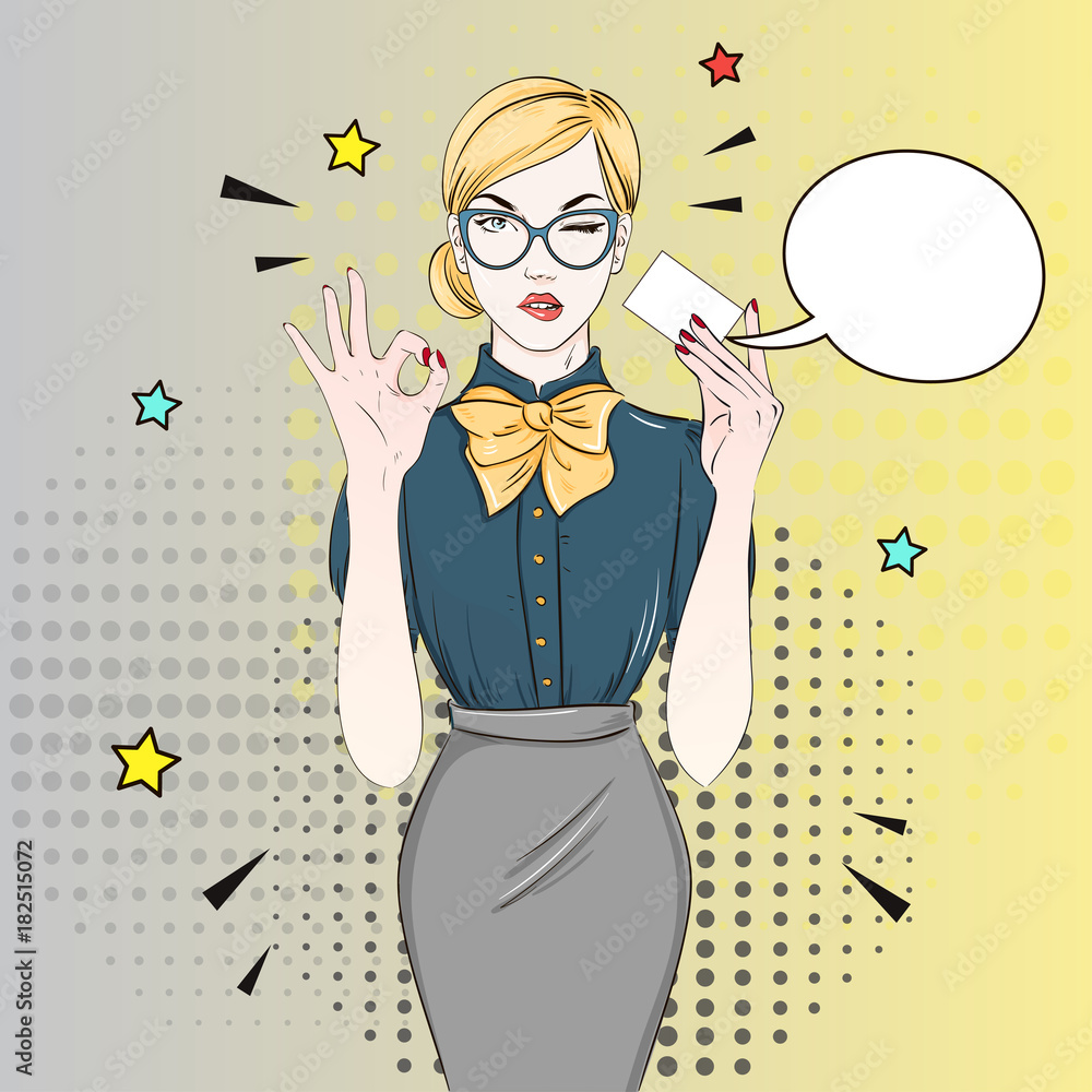 Pop Art Vintage advertising poster comic girl in pink blouse holds a ...