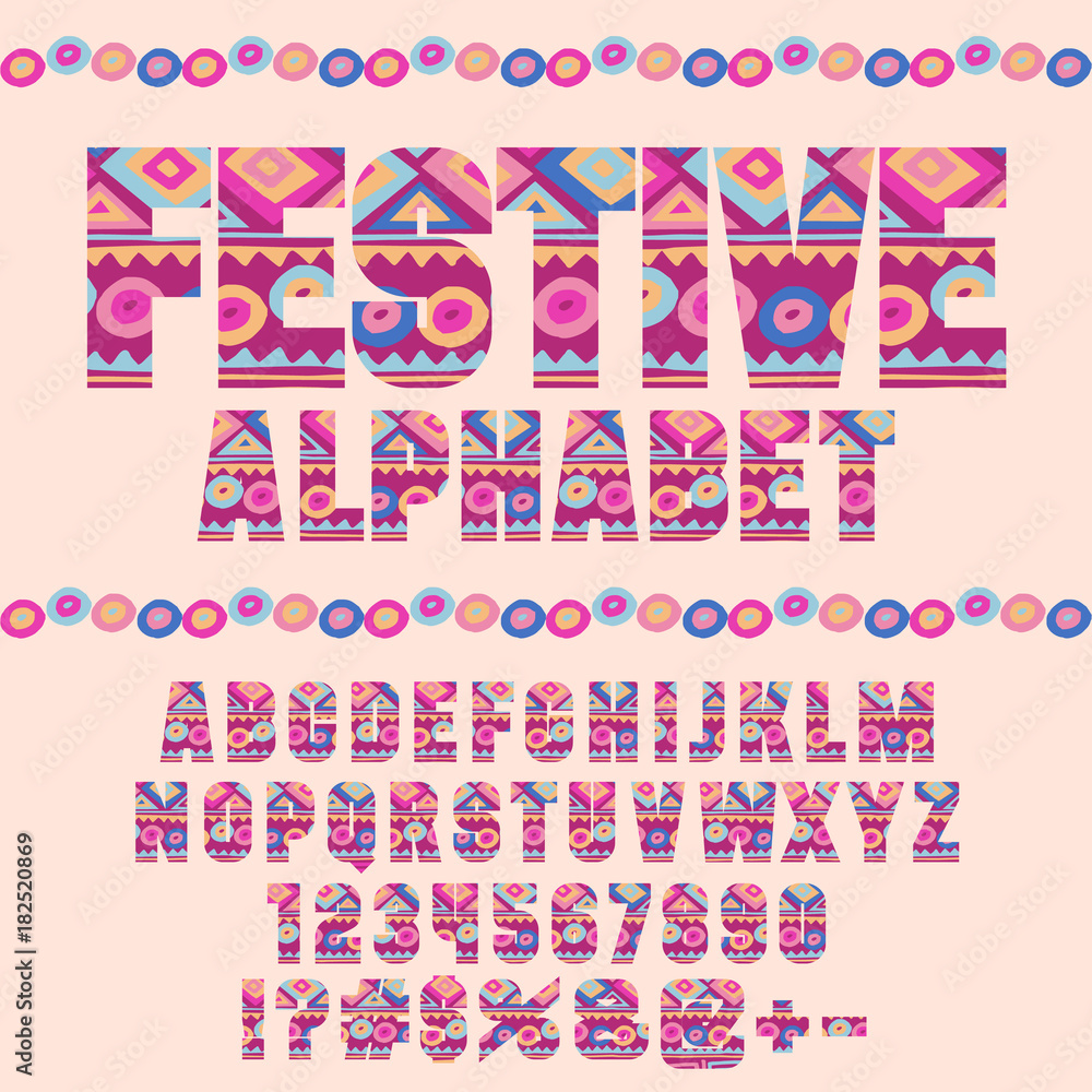 Vector indie style bright pattern Alphabet set. Festive motley Letters ...