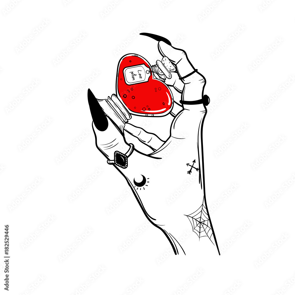 Woman hand holding magic potion. Vector illustration isolated. Tattoo ...