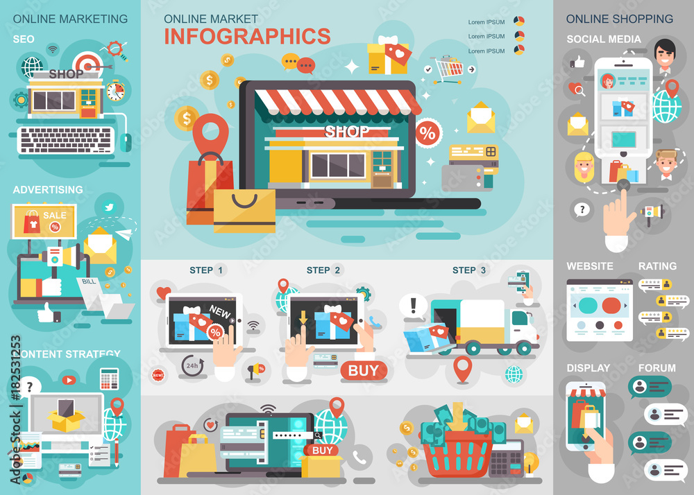 Online market flat infographic vector design template. Can be used for ...
