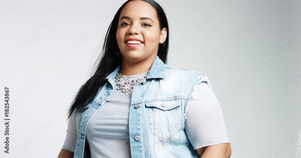 Plus size model in studio shoot happy smiling Stock Photo | Adobe Stock