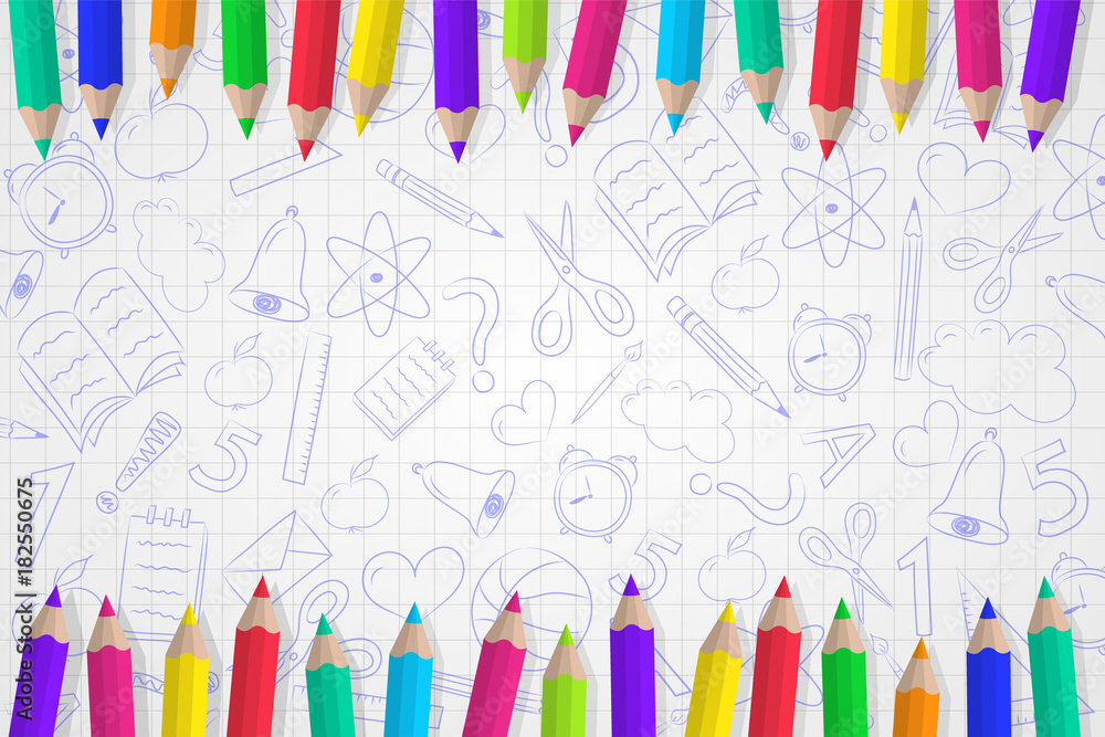 Concept of school background with coloured pencils and funny sketch ...