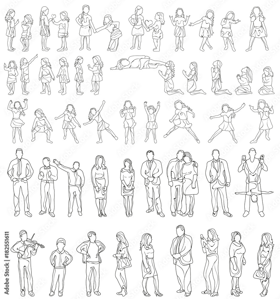 isolated large set of people sketches, collection of outlines Stock ...