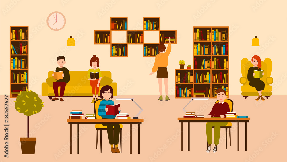 Smiling people reading and studying at public library. Cute flat ...