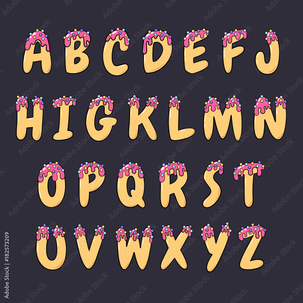 Doodle cartoon hand drawn font donut. English funny alphabet for ...