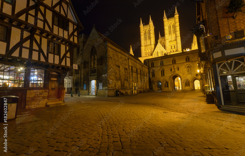 Medieval Part of Lincoln by night, Bailgate and Exchequer Gate Street ...