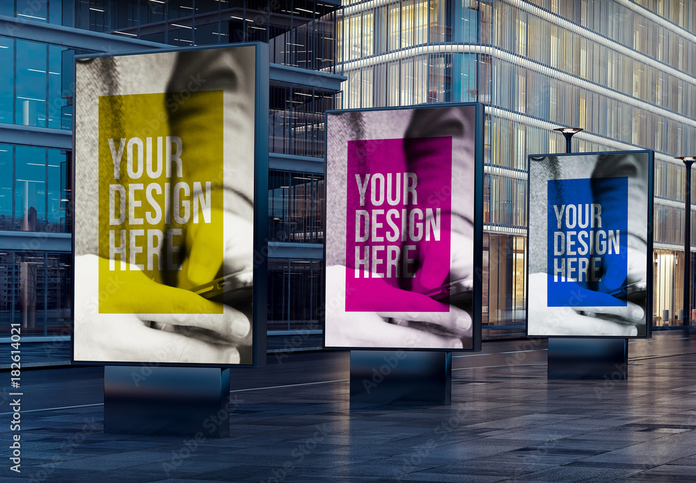 3 Outdoor Kiosk Advertising Mockups on City Street at Night Stock ...