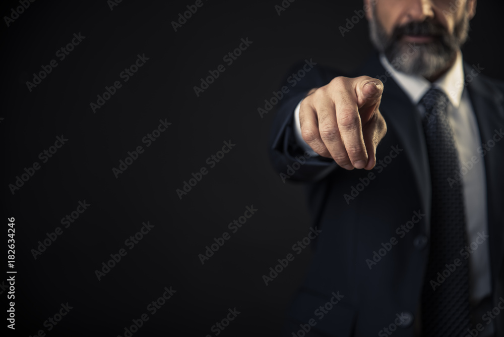 Angry senior man pointing his finger towards you, accusing and blaming ...