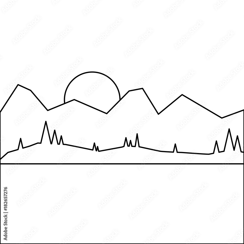 landscape with mountains and forest sun outline vector illustration ...