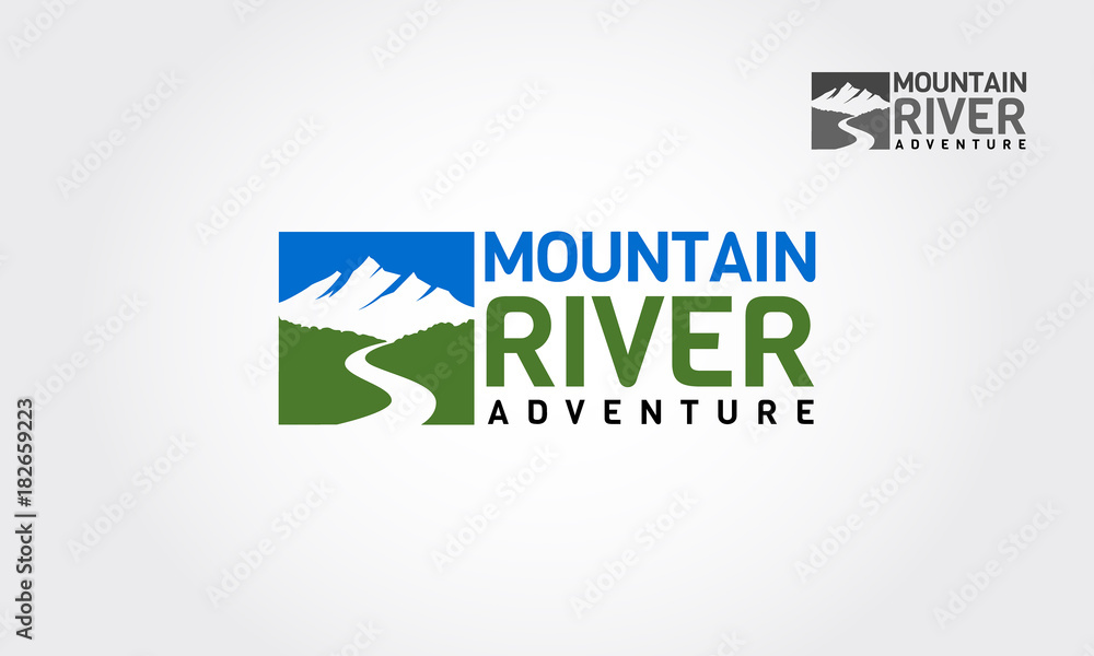 Mountains River Adventure Vector Logo Template. This logo features a ...