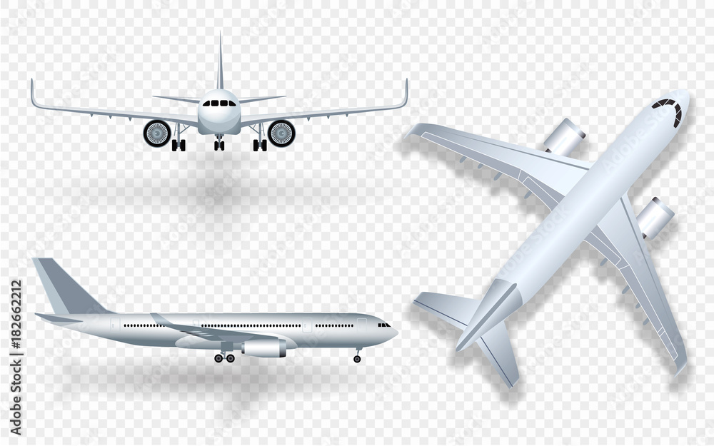 White airplane with shadow icon set on checkered background in profile ...