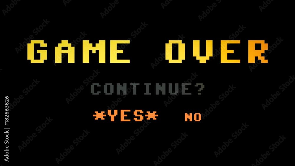 A videogame ending screen text on a tv: Game over Continue Yes No ...