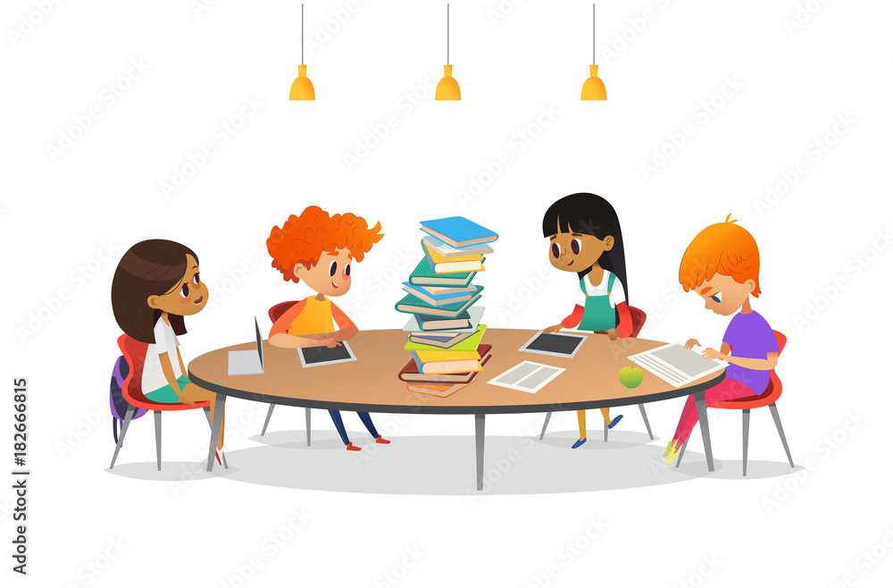 Stockvektorbilden Group of school children sitting around circular ...