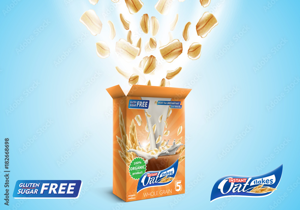 Oat flakes advertising poster with open oatmeal box and big splash of ...