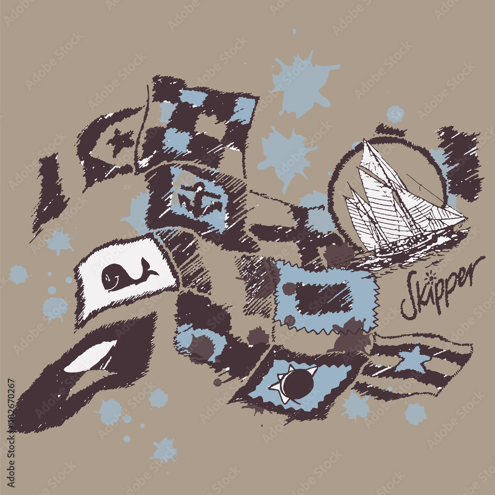 Ship, flags and a whale Stock Vector | Adobe Stock