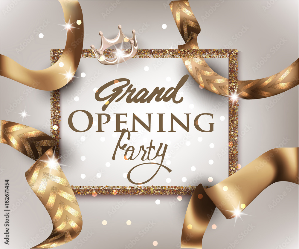 Grand opening invitation banner with gold ribbon with pattern. Vector ...