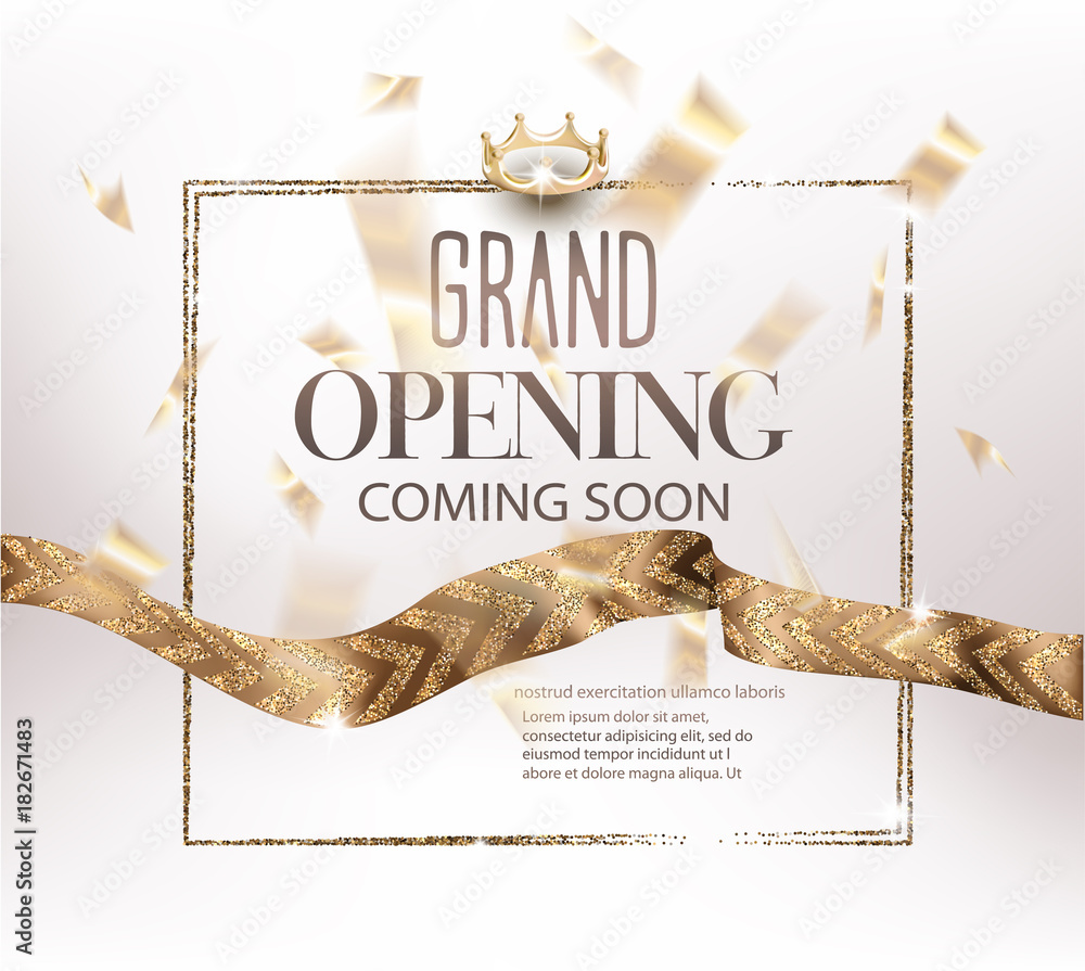 Grand opening invitation banner with gold ribbons with pattern and ...
