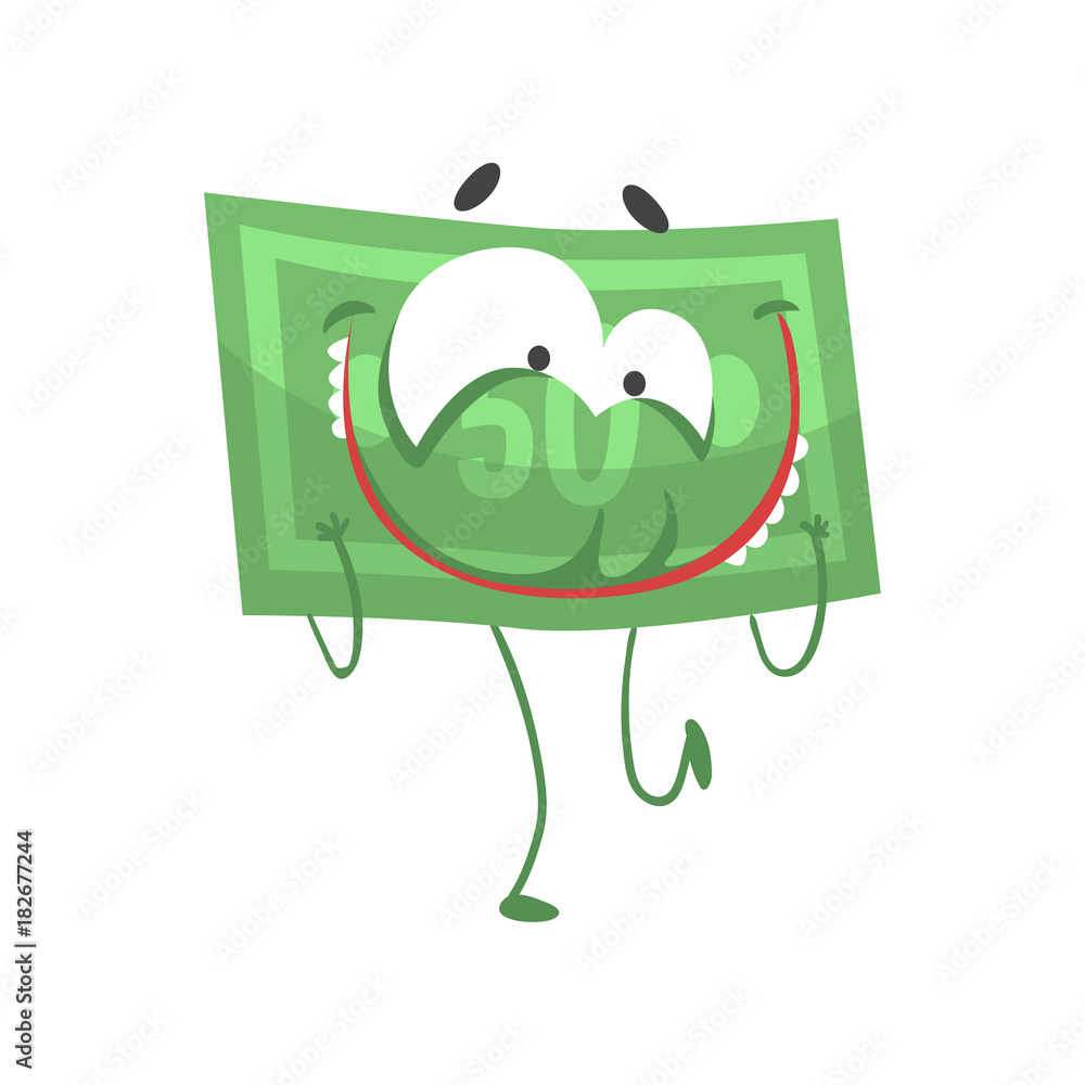 Cartoon fifty dollars with face, arms and legs. Happy money character ...