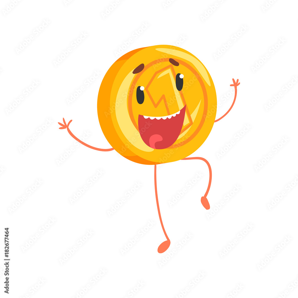 Joyful golden coin jumping with hands up. Cartoon money character with ...