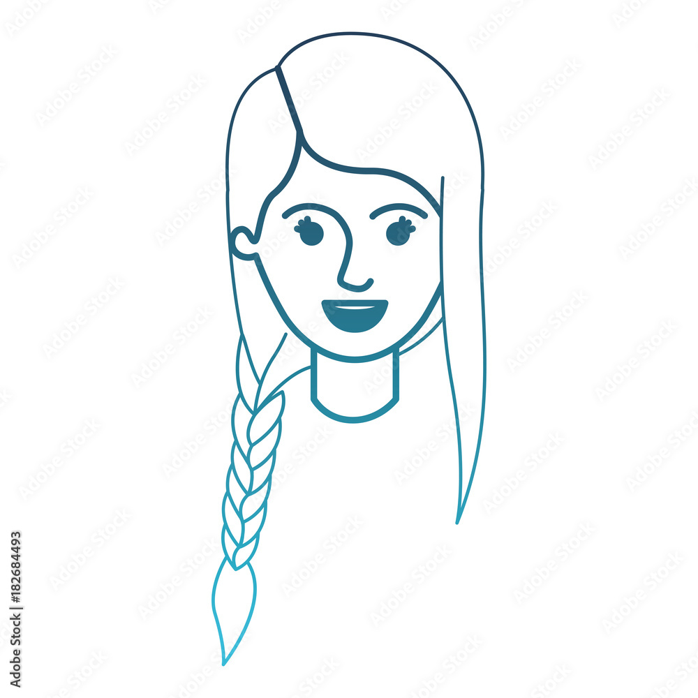 female face with braid and fringe hairstyle in degraded blue silhouette ...