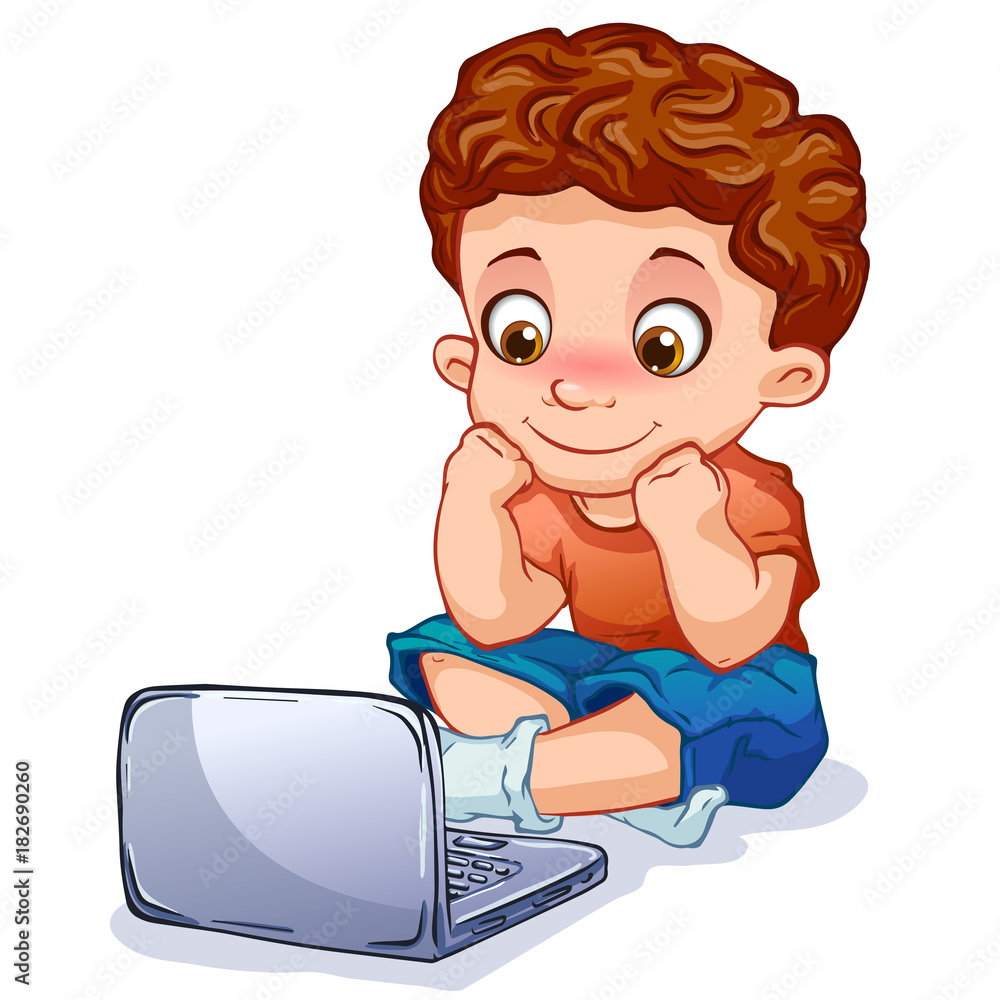 boy sitting and watching cartoons on the laptop. Cartoon characters ...