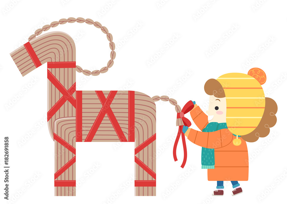 Kid Girl Decorate Yule Goat Illustration Stock Vector | Adobe Stock