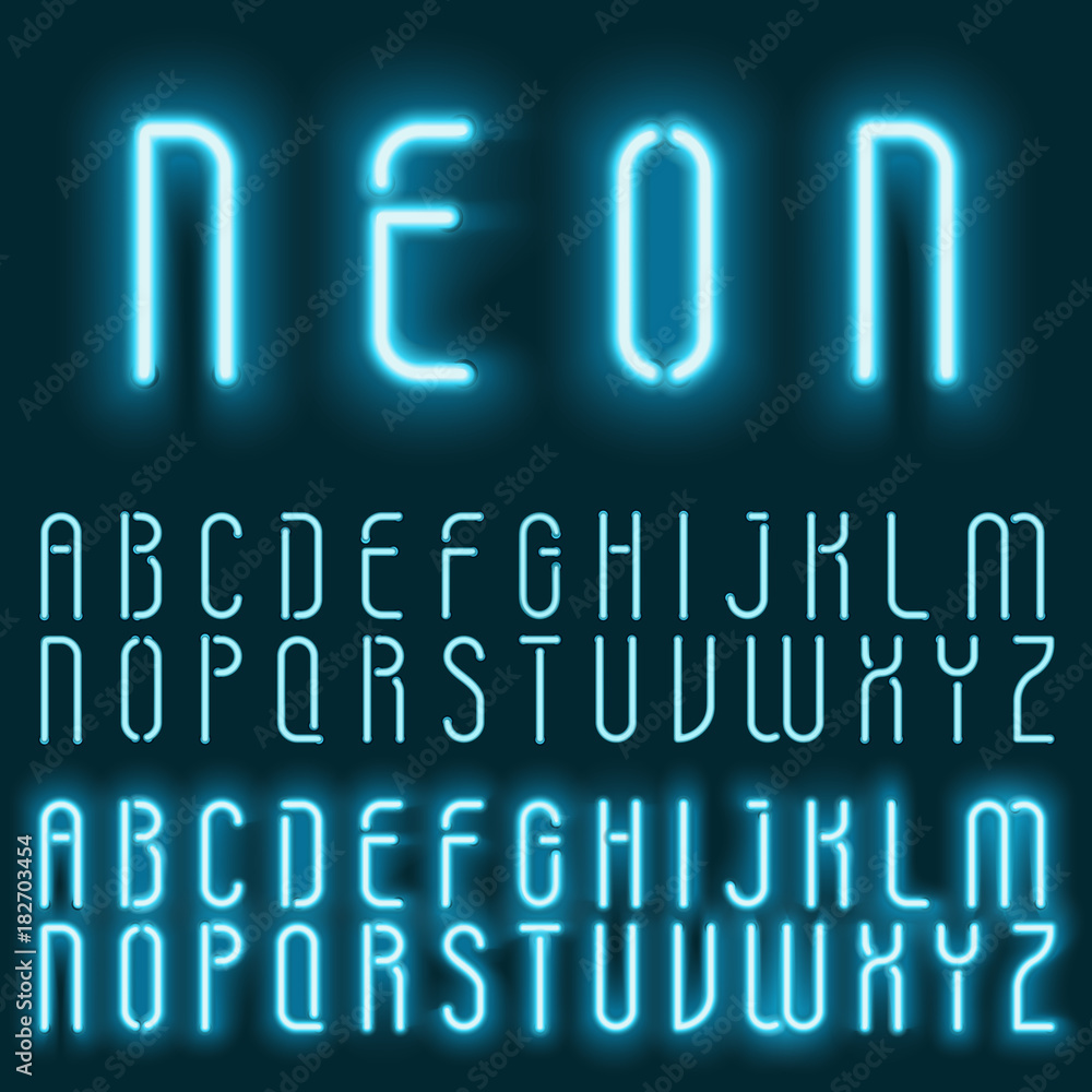Neon blue light alphabet vector font. Glowing text effect. Neon tube ...