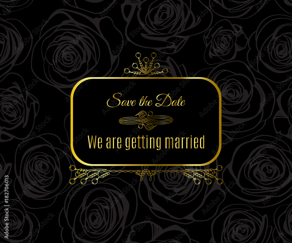 Wedding card design with golden vintage pattern on black background ...
