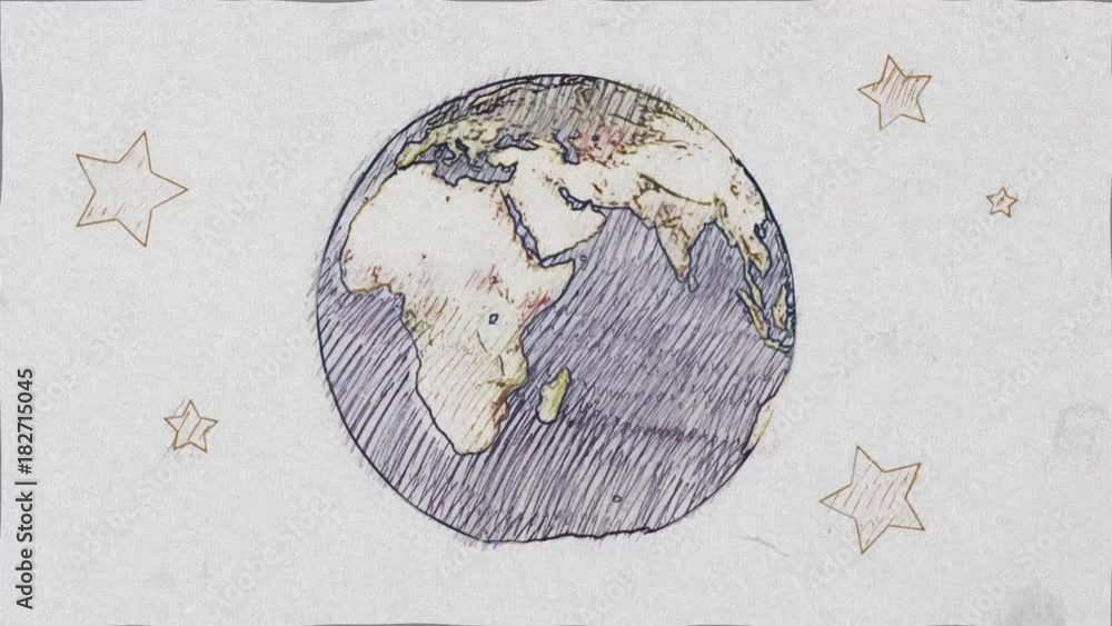 cartoon pen drawn planet earth globe spin on white old paper background ...