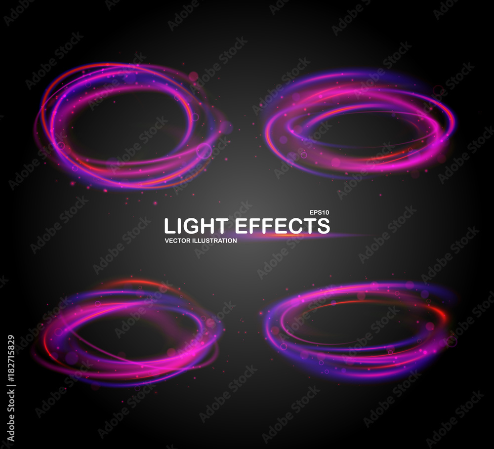 Set of pink vector light effects. Glowing light fire rings with ...