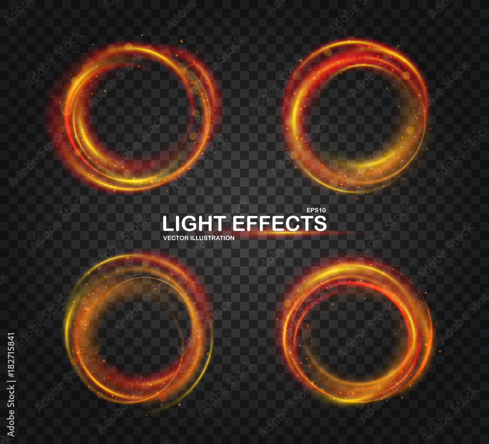 Set of gold vector light effects. Glowing light fire rings with ...