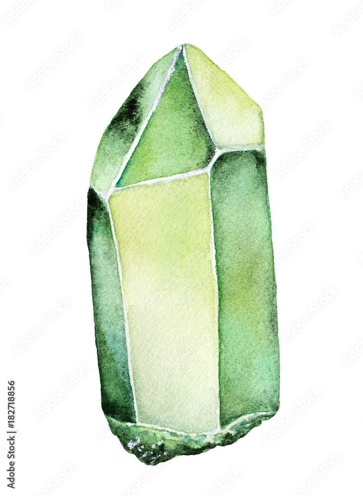 Watercolor Green Gemstone drawing. One single object. Long square ...