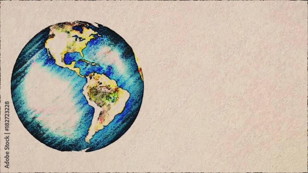 cartoon pen drawn planet earth globe spin on white old paper background ...