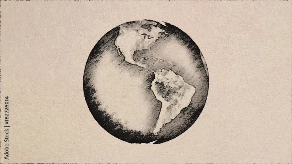 cartoon pen drawn planet earth globe spin on white old paper background ...