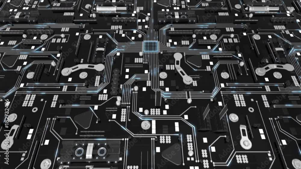 Seamless looping 3d animated futuristic motherboard with the animated ...