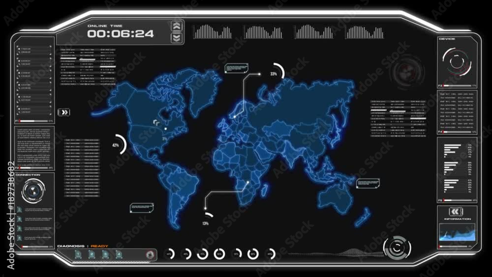 4K Animation UI User Interface with world map data HUD pi bar text box ...