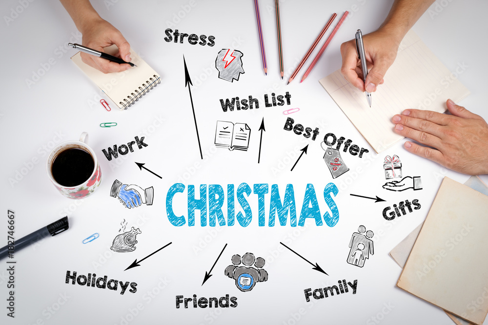 Christmas Concept. Chart with keywords and icons. The meeting at the ...