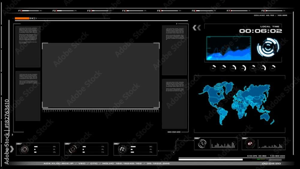 4K Animation UI User Interface with world map data HUD pi bar text box ...